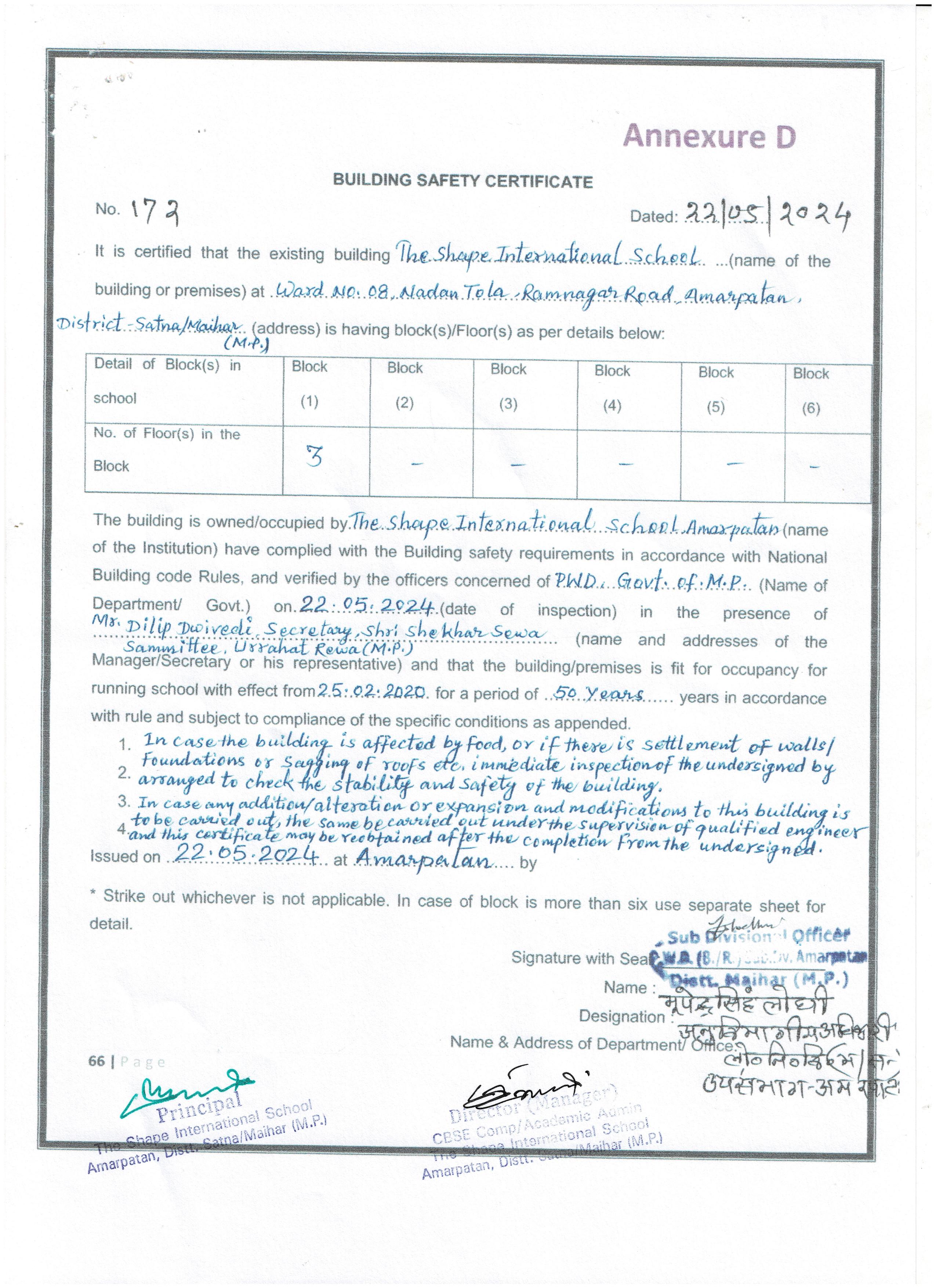 Building Certificate | The Shape International School Amarpatan, Maihar MP
